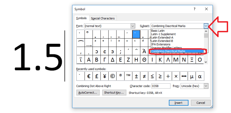 How do I add a dot or line above a number in Word to indicate a ...